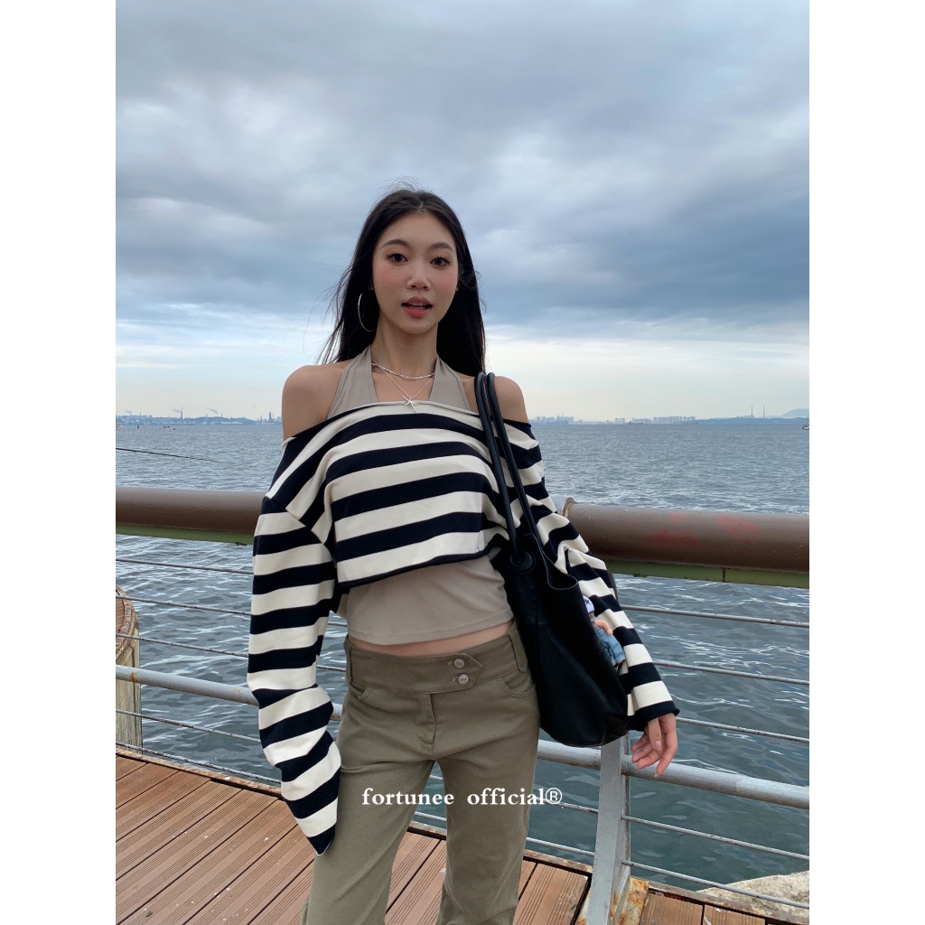 Fortunee เสื้อสเวตเตอร์แนวดีไซน์เก๋ ลายทาง สไตล์มินิมอล ขอบรุ่ย แบบสั้น ...