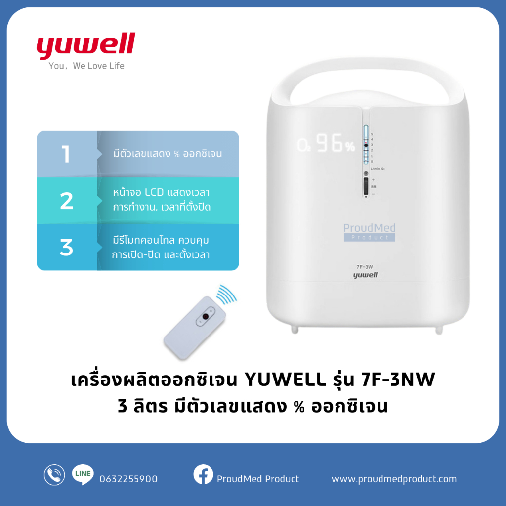 เครื่องผลิตออกซิเจน ขนาด 3 ลิตร YUWELL รุ่น 7F-3NW มีตัวเลขแสดง ...