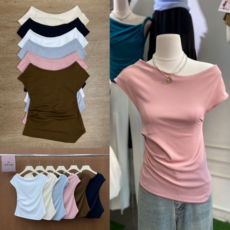 Moltida Studio เสื้อทรงคอปาด จับจีบย่นช่วงเอว ผ้ายืดเด้ง ใส่สบาย ชิวๆ | Shopee Thailand