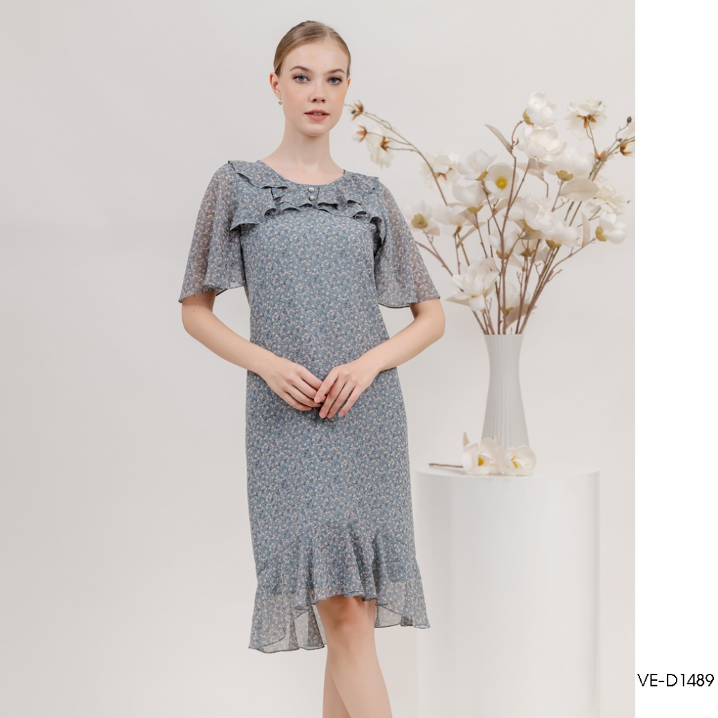 AMILA Dress VE-D1489 by VERONIQA ชีฟองปริ้นท์ แขนสั้น IGPU24-5 | Shopee Thailand