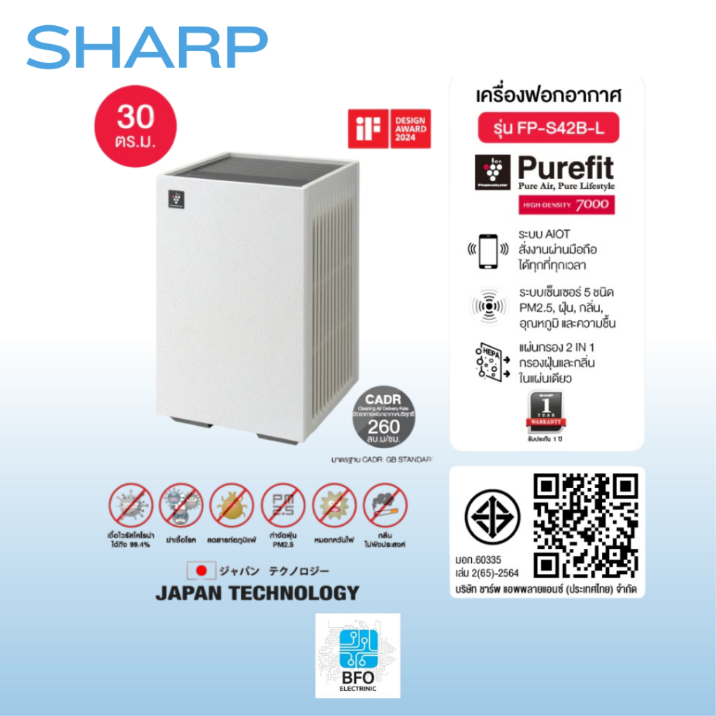 [สินค้าใหม่] SHARP Air Purifier เครื่องฟอกอากาศ พลาสม่าคลัสเตอร์ ระบบ AIOT รุ่น FP-S42B-L (สีเทา ...
