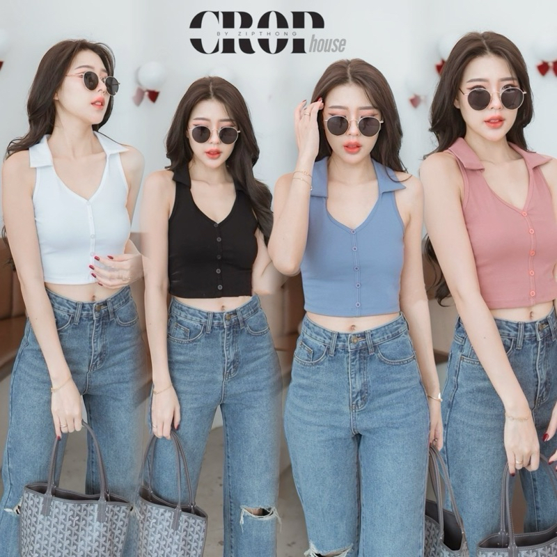 (T259)เสื้อครอปแขนกุดคอปก แต่งกระดุมทรงเข้ารูป | Shopee Thailand