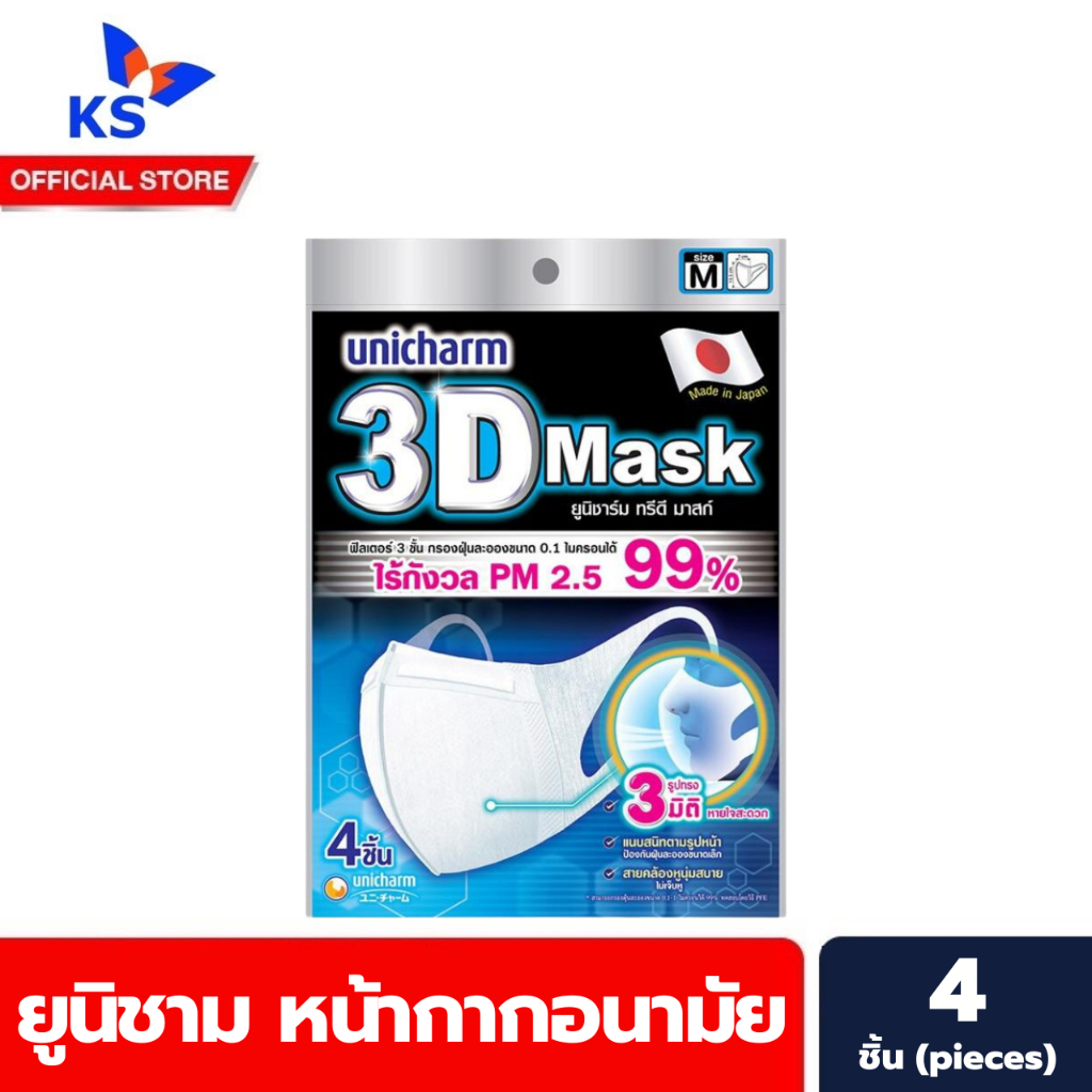 Unicharm 3D Mask M 4 ชิ้น หน้ากากอนามัย ป้องกันฝุ่น n95 PM2.5 มี 2 ขนาด แบบคล้องหู (5676 ...