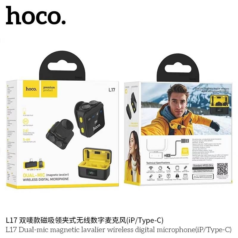 Hoco L17 ไมโครโฟนไร้สายแบบแม่เหล็กรองรับ Android/ iOS เสียงสัตว์ไม่มีคลื่นแทรก | Shopee Thailand