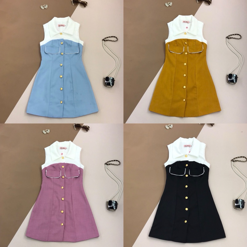 [ELSA] Y086 ชุดเดรสกระโปรงคอปกแขนกุดทูโทนแต่งกระเป๋ากระดุมทอง ทรงสวย ...