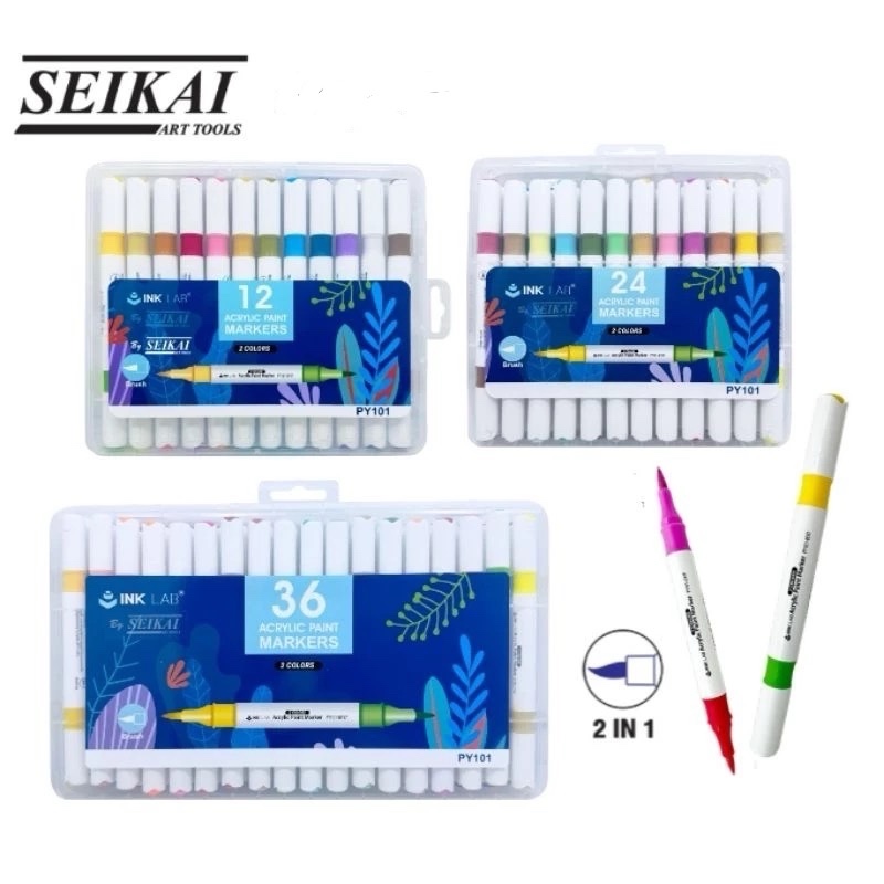 Seikai Inklab Acrylic Paint Marker Set I ชุดปากกาอะคริลิคมาร์คเกอร์ปลายพู่กัน 2 สีในแท่งเดียว ...
