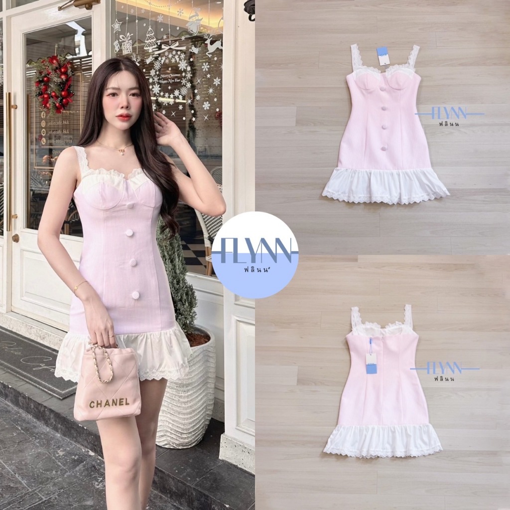 FLYNN BRAND F035 ชุดเดรสสั้นผ้าทอลายริ้วสีชมพูอ่อน | Shopee Thailand