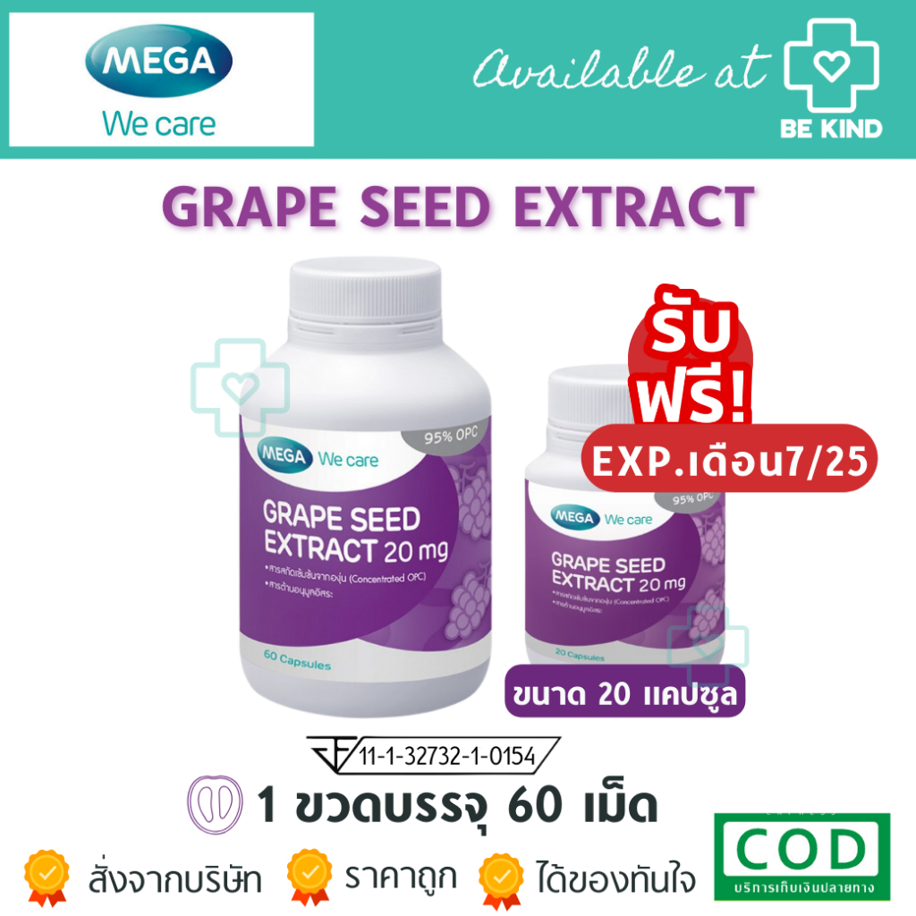 [ ฟรี20แคปซูล ] Mega Grape Seed Extract 20mg (60แคปซูล) สารสกัดจากเมล็ด ...