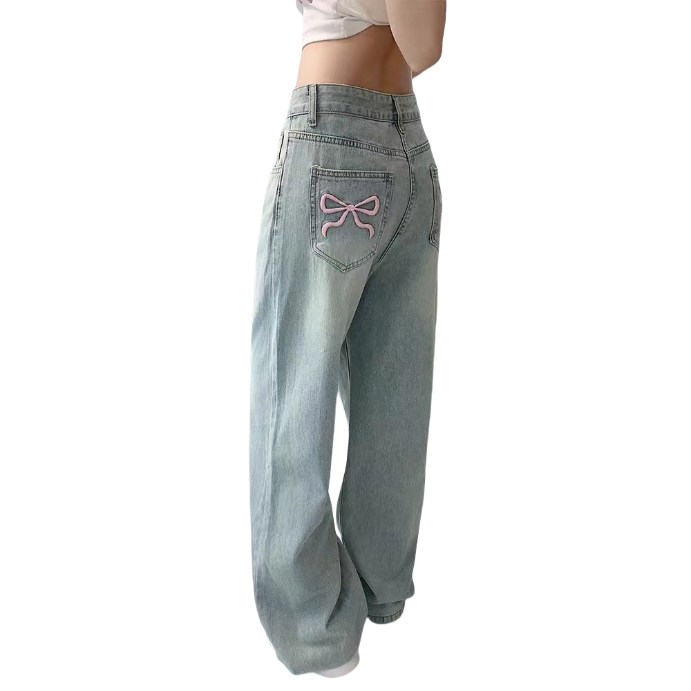 Ming-Ge กางเกงยีนส์ผู้หญิง ผ้าฟอก ปักลาบโบว์ สีพื้น สไตล์ลำลอง มี3สี ดำ ...