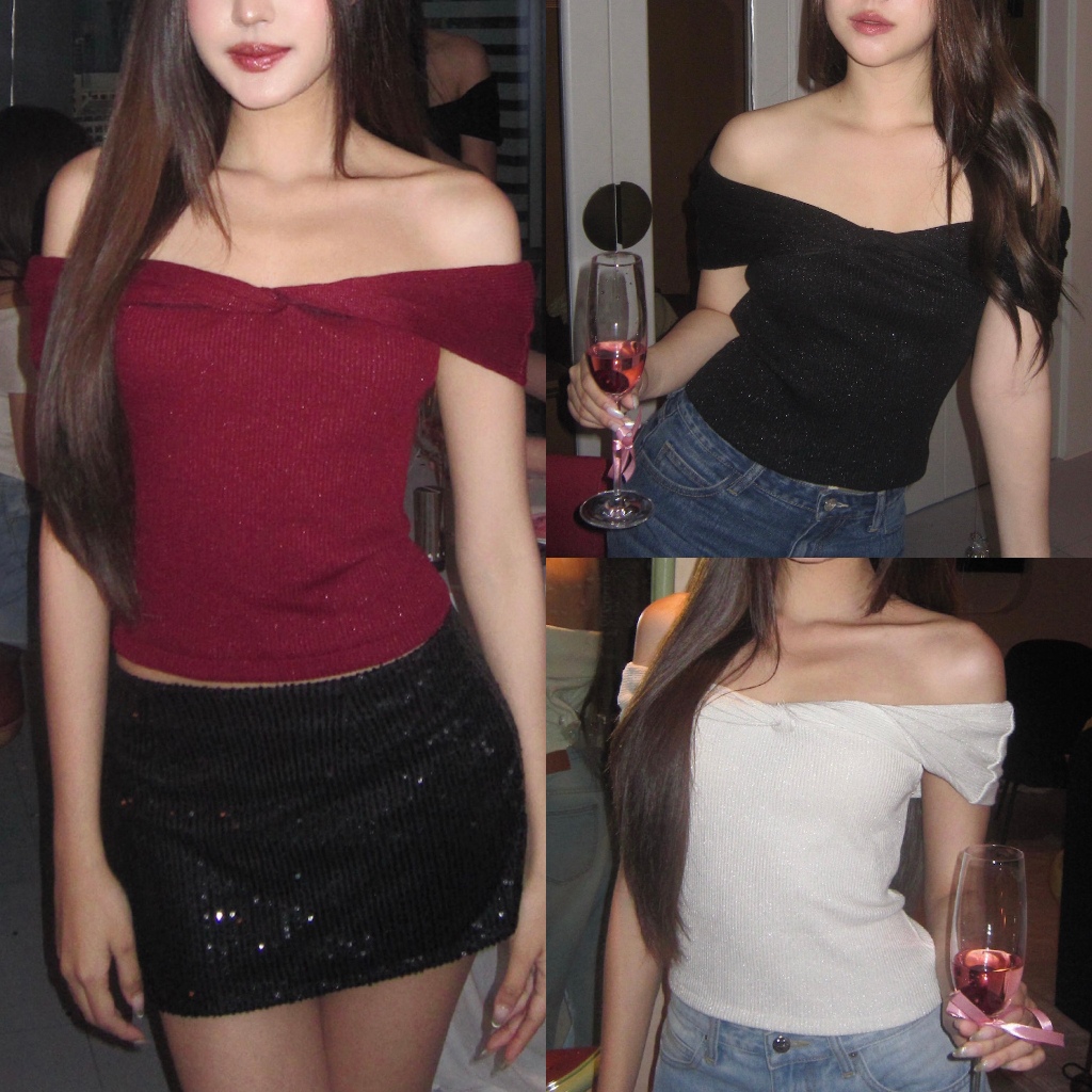 tiana top by Duex Studio ปาดไหล่บิดแขนผ้าไหมพรมglitter | Shopee Thailand