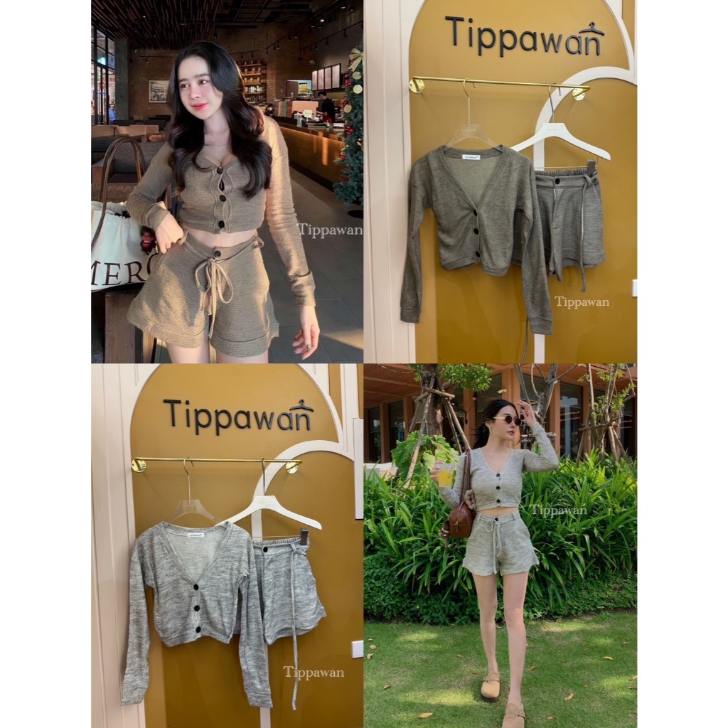 TIPPAWAN Setนี้เรยจ้าคาร์ดิแกนกระดุมหน้า ผ้าโคตรดีบอกเรย มาพร้อมกางเกงขาสั้นทรงบารบี้ | Shopee ...