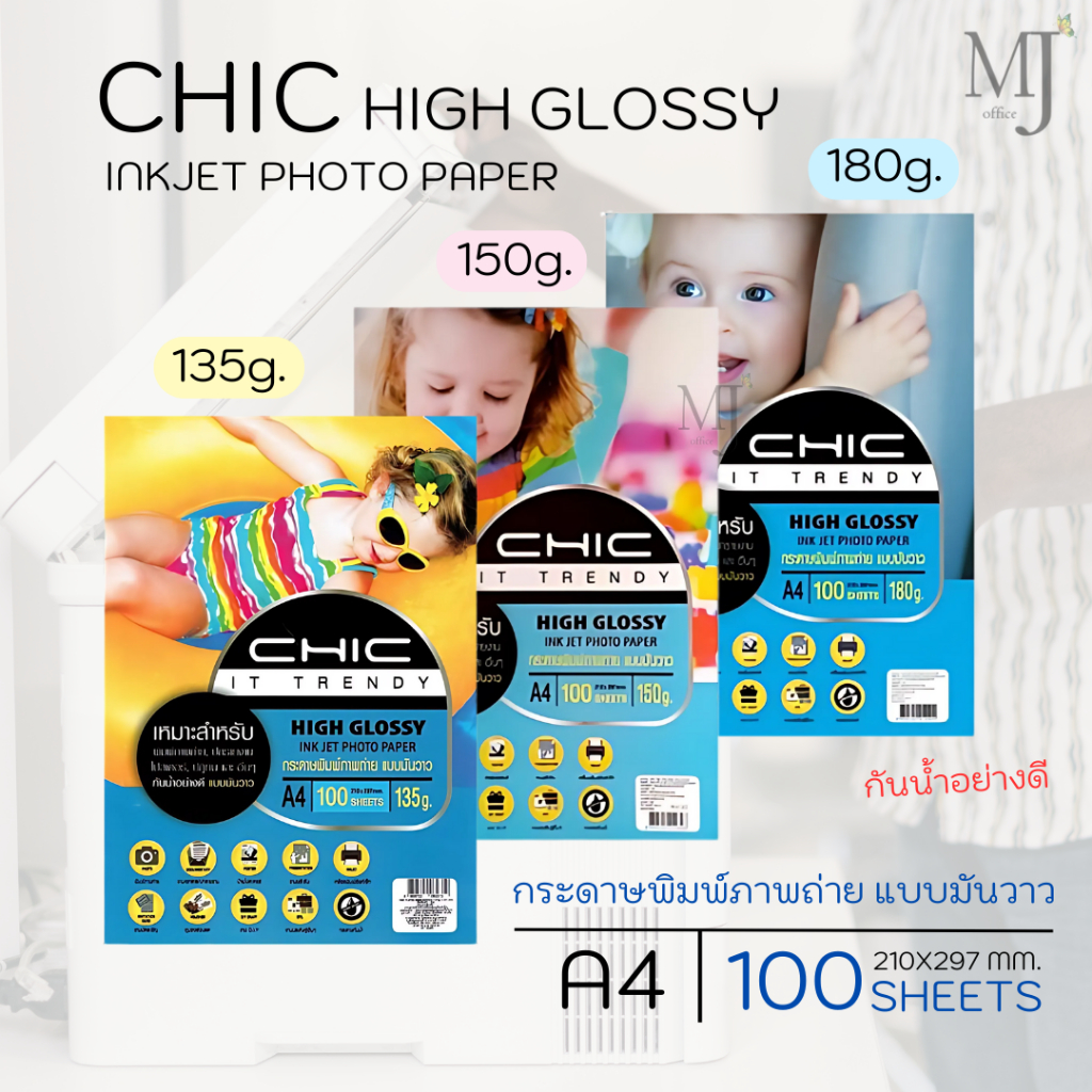 CHIC กระดาษโฟโต้ กระดาษพิมพ์ภาพถ่าย แบบมันวาว กันน้ำ ขนาด A4 135g, 150g, 180g (บรรจุ 100 แผ่น ...