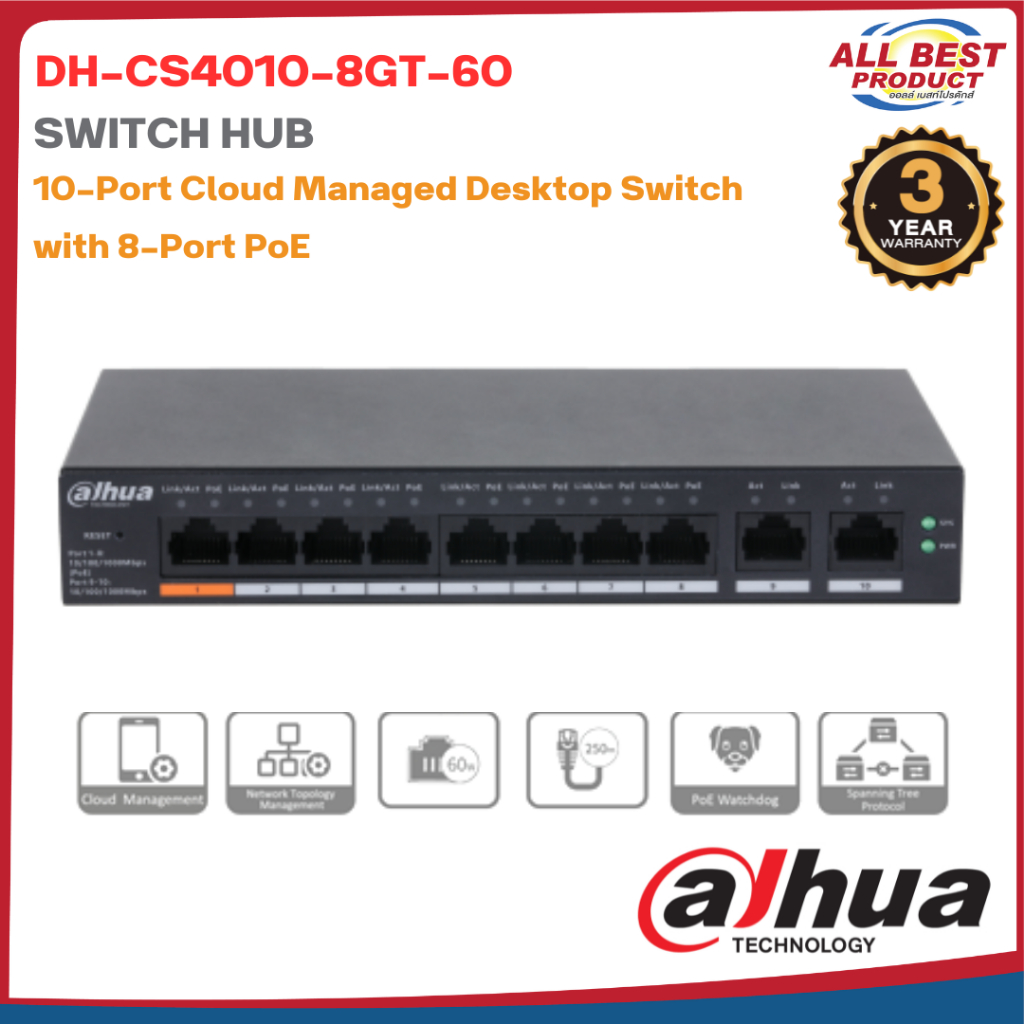 Dahua รุ่น DH-CS4010-8GT-60 10-Port Cloud Managed Desktop Switch with 8-Port PoE สินค้าประกัน ...