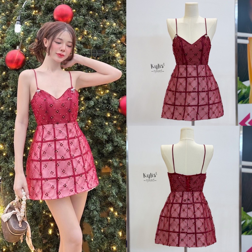 งานป้าย kulist KL02 เดรสสั้นสายเดี่ยวแต่งซีทรูสีแดงหรูดูแพง สวยสง่า ...