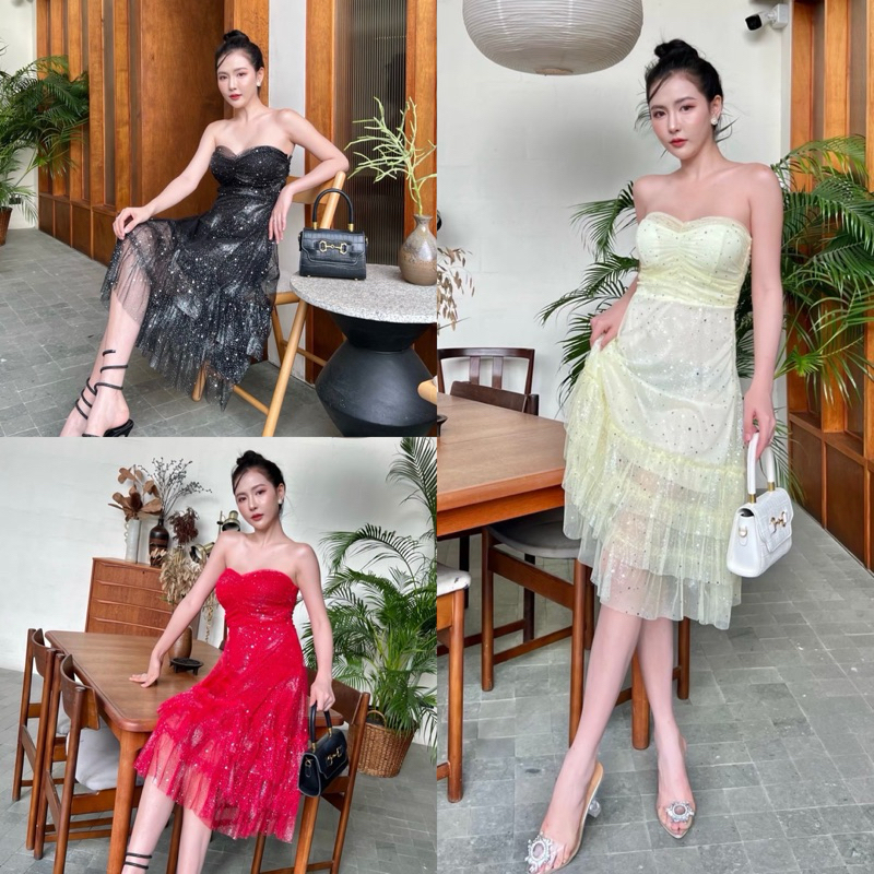 SS018 เดรสเกาะอกกระโปรง ผ้าซีทรูกริตเตอร์ดาววิ้งๆ แต่งระบาย3ชั้น | Shopee Thailand
