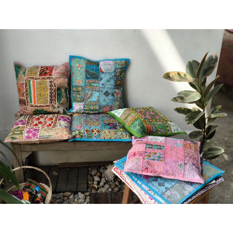 ปลอกหมอนอิงอินเดียงาน patchwork สีฟ้า | Shopee Thailand