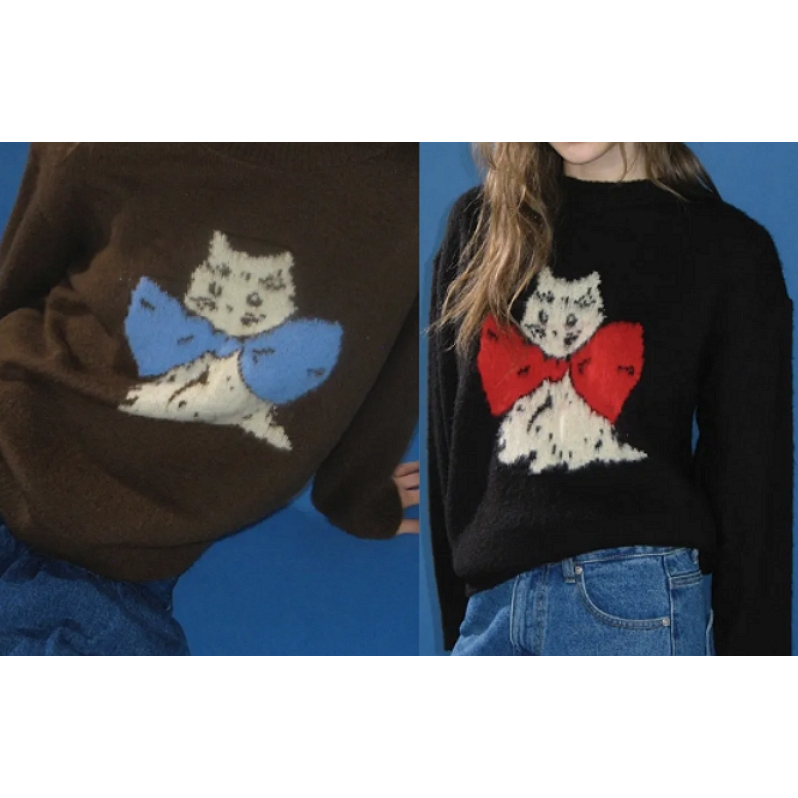 Ronron Ribbon Cat Mohair Pullover Knit (Black, Brown) | Shopee Thailand