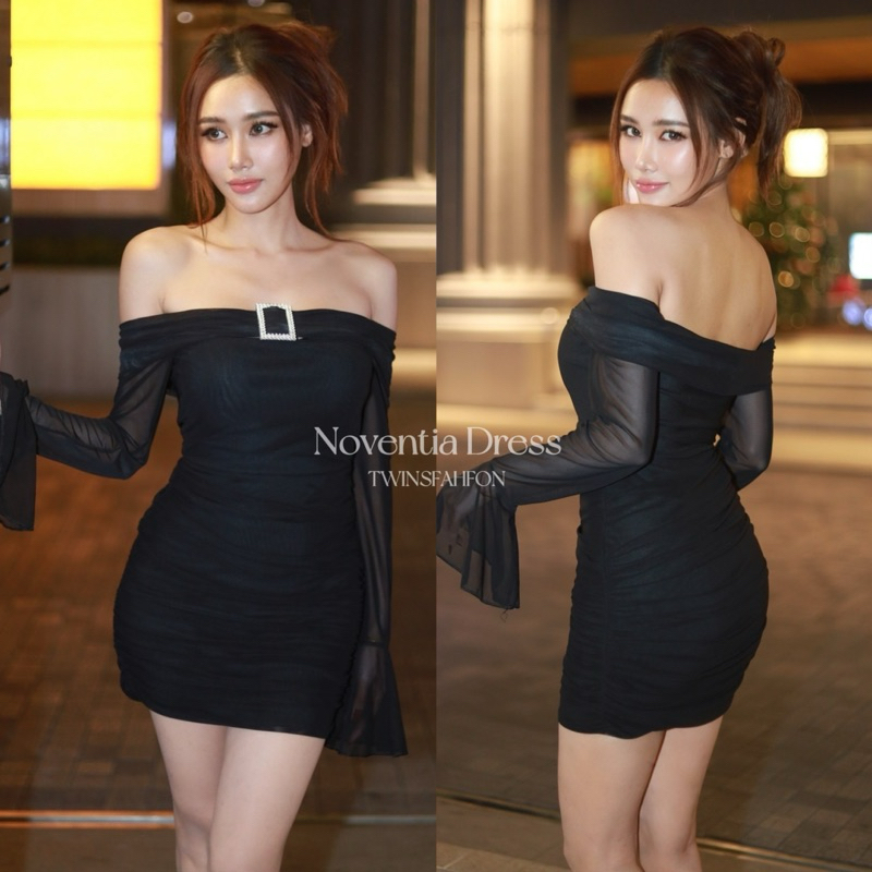 Novantia dress เดรสแขนยาวปาดไหล่แต่งอะไหล่วิ้งสี่เหลี่ยมตรงกลาง สวยหรูดูแพงแต่ยังคงความเซ็กซี่ ...
