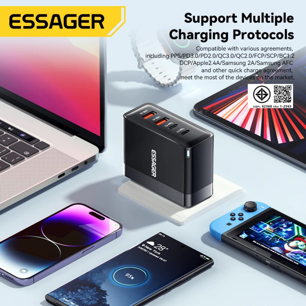 Essagerหัวชาร์จเร็ว 2C+2U 100W GaN Quick Charger หัวชาร์จเร็ว 4 พอร์ต ...