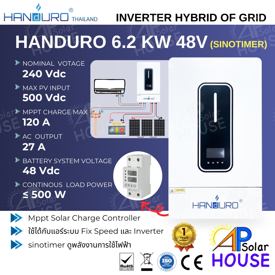 HANDURO อินเวอร์เตอร์ไฮบริด 6.2kw ระบบแบต48V OFF-GRID ใช้กับแอร์ ...