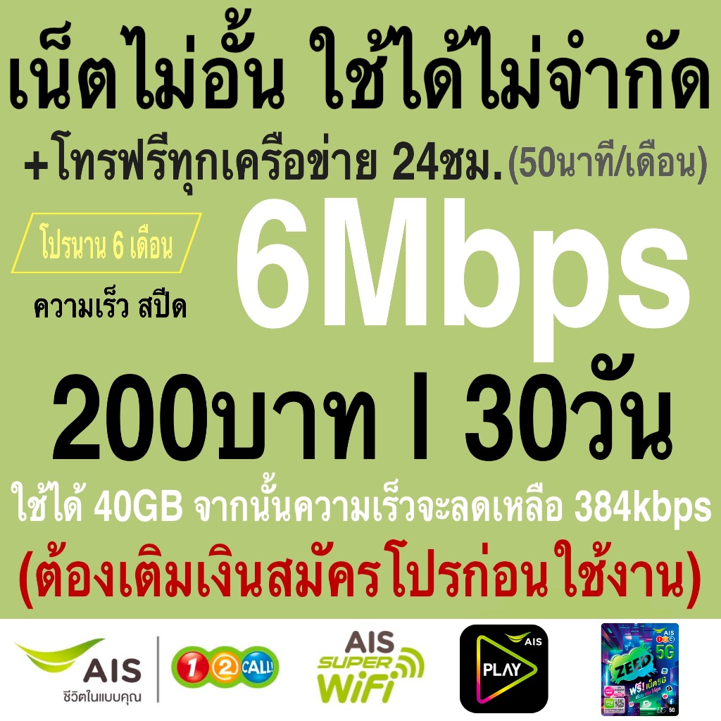 ชิมเทพ AIS เน็ตไม่จำกัด +โทรฟรีทุกค่าย 24ชม. ความเร็ว 4Mbps,15Mbps,20Mbps (ใช้ฟรี AIS Super wifi ...