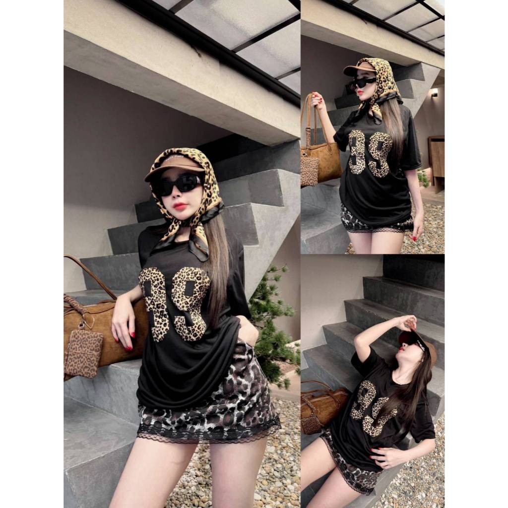 ์Nicha Set2ชิ้น - เสื้อยืด รีดกำมะหยี่ลายเสือ 99 - กระโปรงสั้น มีซับกางเกง แต่งชายลูกไม้ ...