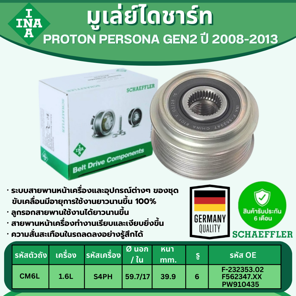 INA มูเล่ย์ไดชาร์ท PROTON PERSONA GEN2 1.6L ปี 2008-2013 (1ชิ้น) ประกัน ...