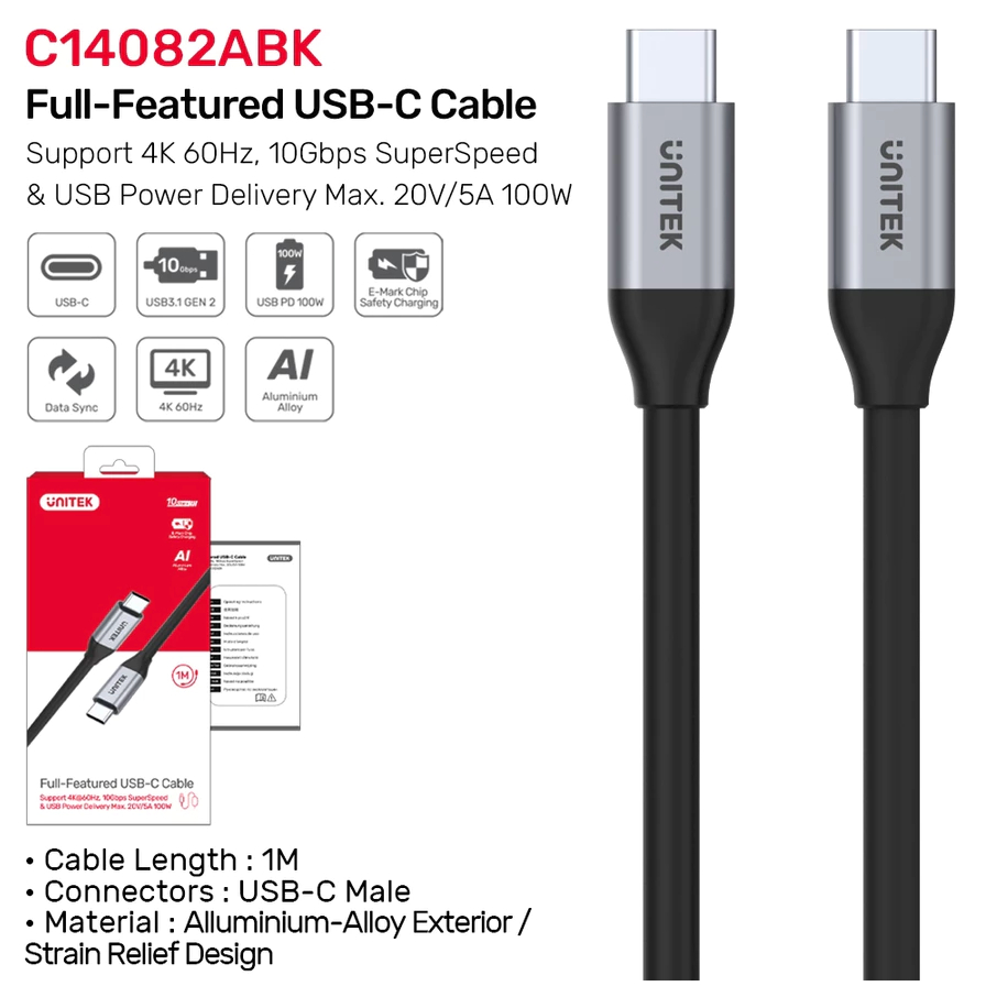 Unitek C14082ABK Cable USB-C 100W PD Fast Charging 4K@60Hz and Data ...