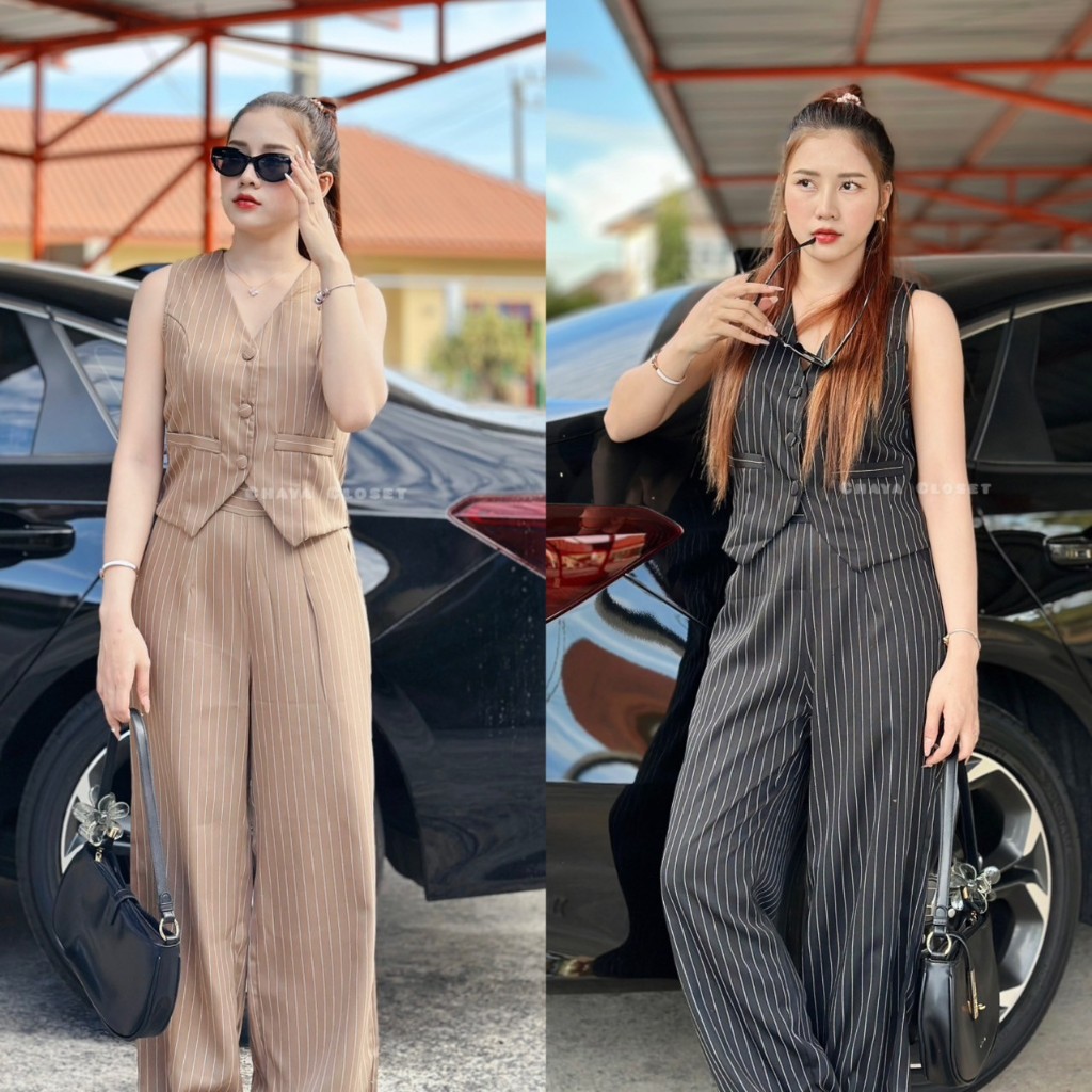 P871 ชุดเซ็ท 2 ชิ้น เสื้อกั๊กกระดุมหน้าลายริ้ว กางเกงขายาว ทรงกระบอกลายริ้ว มีซิปข้าง ฟรีไซร้ ...