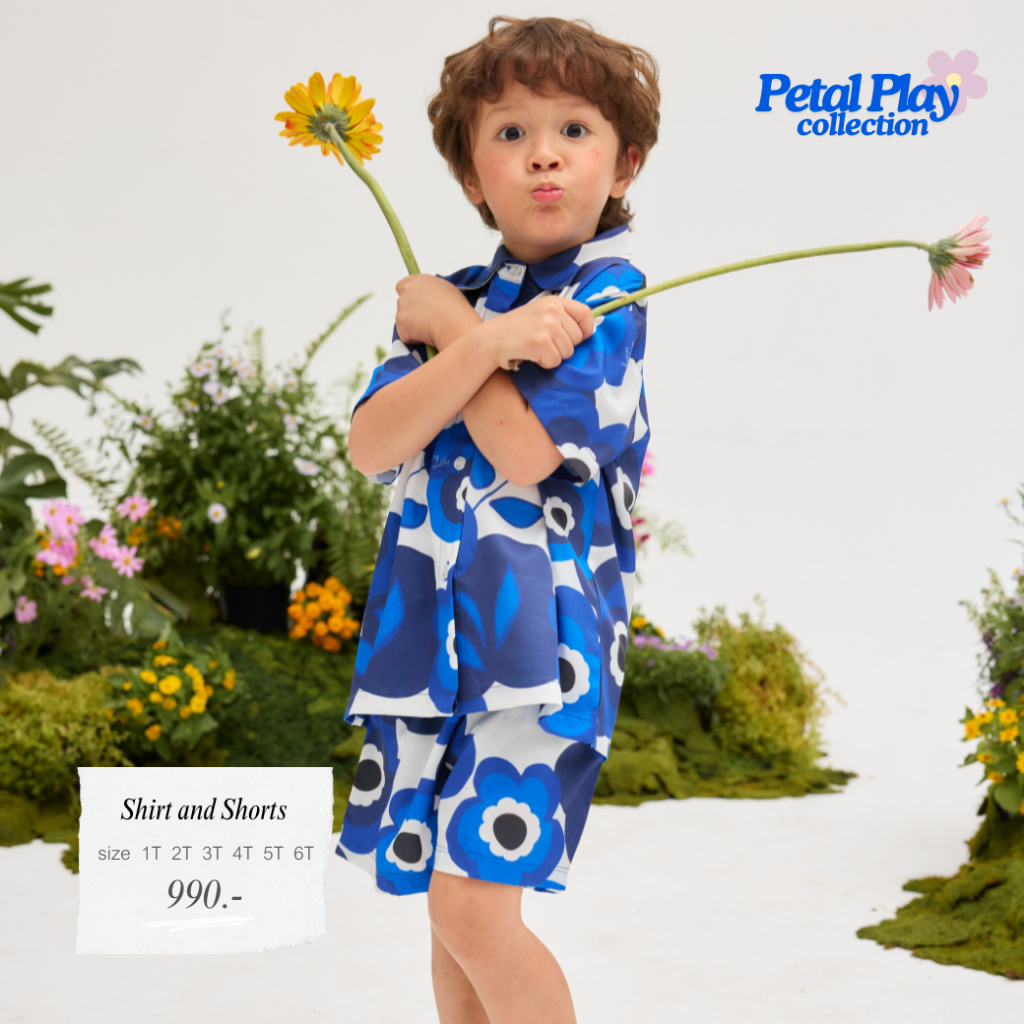 Tilly Milly เสื้อเชิ้ตกางเกงขาสั้น (ลูกชาย) ลายดอกไม้ สีน้ำเงิน - Petal ...