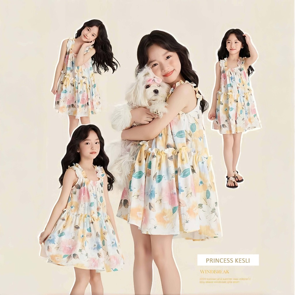 PRINCESS KESLI ชุดเดรสเจ้าหญิง เด็กวัยหัดเดินสาวเด็กแขนกุดชุดสีชมพู ...