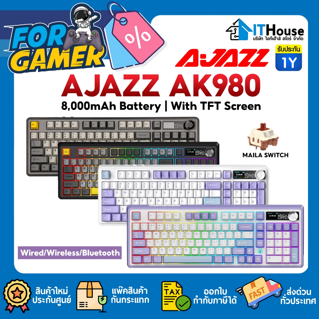 🔥AJAZZ AK980🔥คีย์บอร์ดเกมมิ่งคีย์TH/EN LCD Tri-Mod Maila Switch Gasket ...