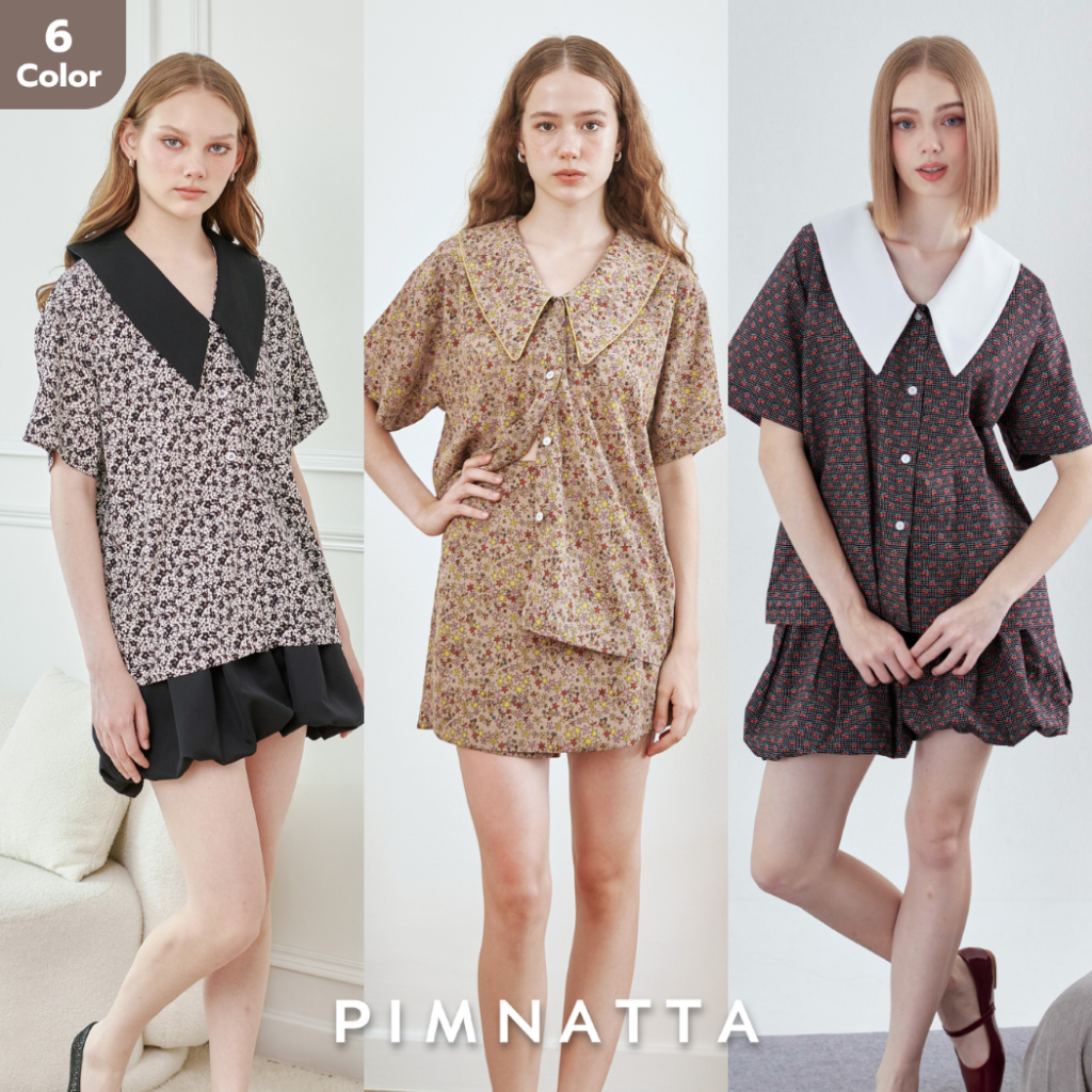 PIMNATTA Helena Top (Limited) เสื้อเบลาส์ คอวีปกแหลม ผ้าพิมพ์ลายนำเข้า ...