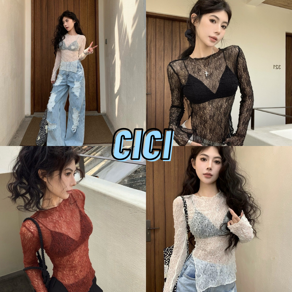 ส่งทันที Cici(NO. J1686) เสื้อยืดลูกไม้แขนยาวคอกลม ผ่าข้าง ทรงเฉียงสลิมฟิตเข้ารูป สไตล์เกาหลี ...