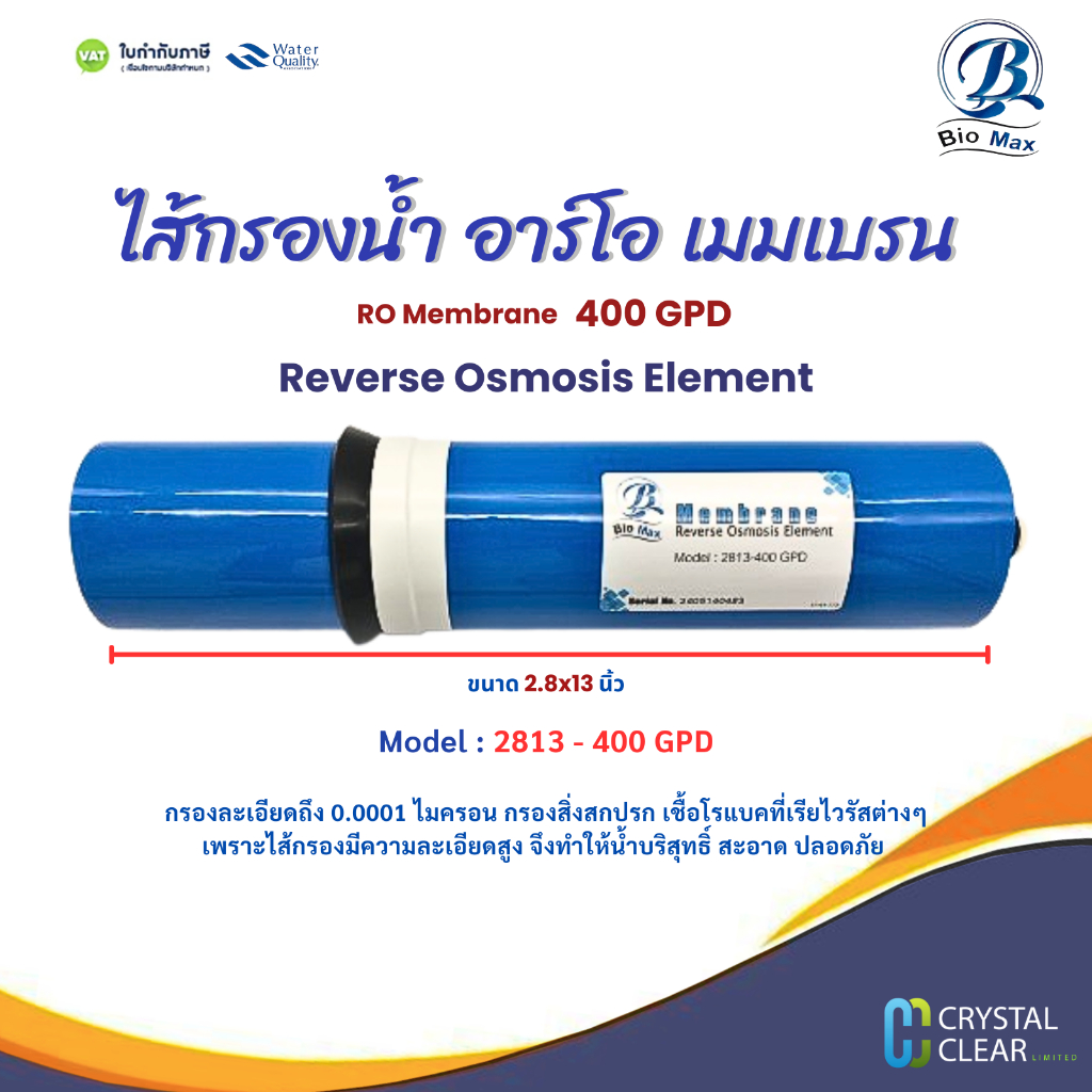ไส้กรอง RO Membrane 400 GPD ขนาด 2.8x13 นิ้ว ยี่ห้อ Biomax Reverse ...