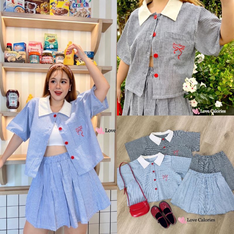 ชุดเซ็ตลายริ้วน่ารัก เสื้อคอปก+กระโปรง อกได้ถึง52" เอว32-46" ใส่เที่ยว Plussize | Shopee Thailand