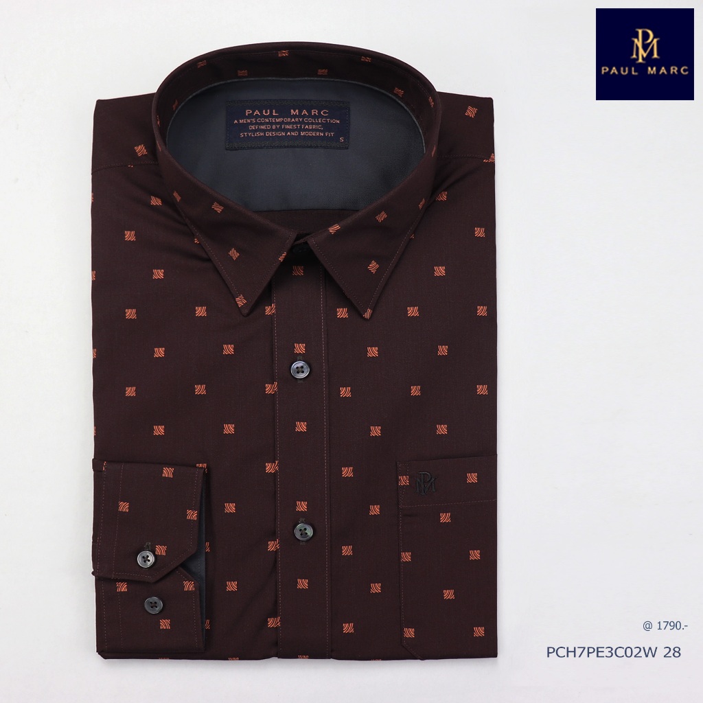 PAUL MARC เสื้อเชิ้ตลายพิมพ์กราฟฟิกสีแดงเข้ม แขนยาว slim fit รีดง่าย ...