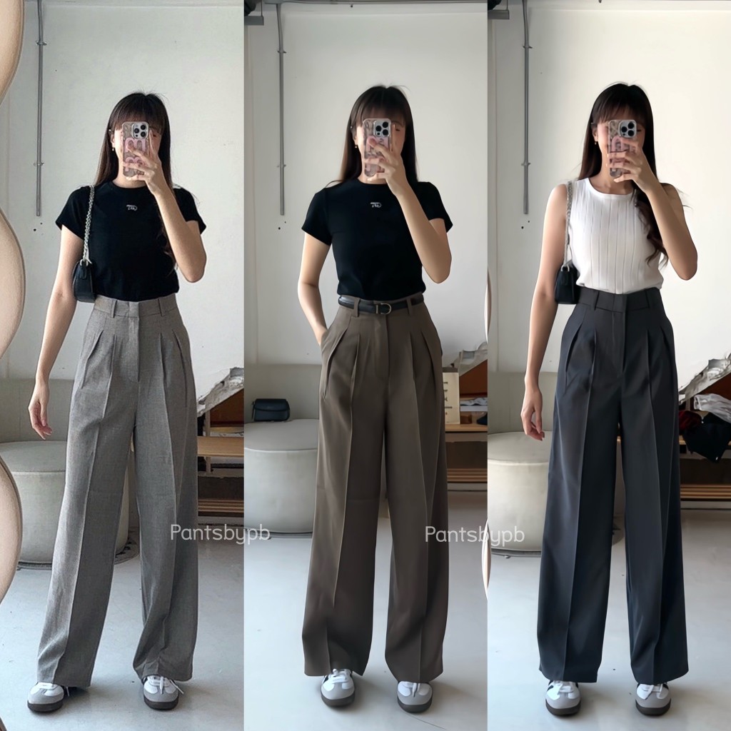 Bloom Pants กางเกงกระบอกใหญ่ แต่งจีบ ผ้าสโนว์สลาฟ ยาว 41 นิ้ว | Shopee Thailand