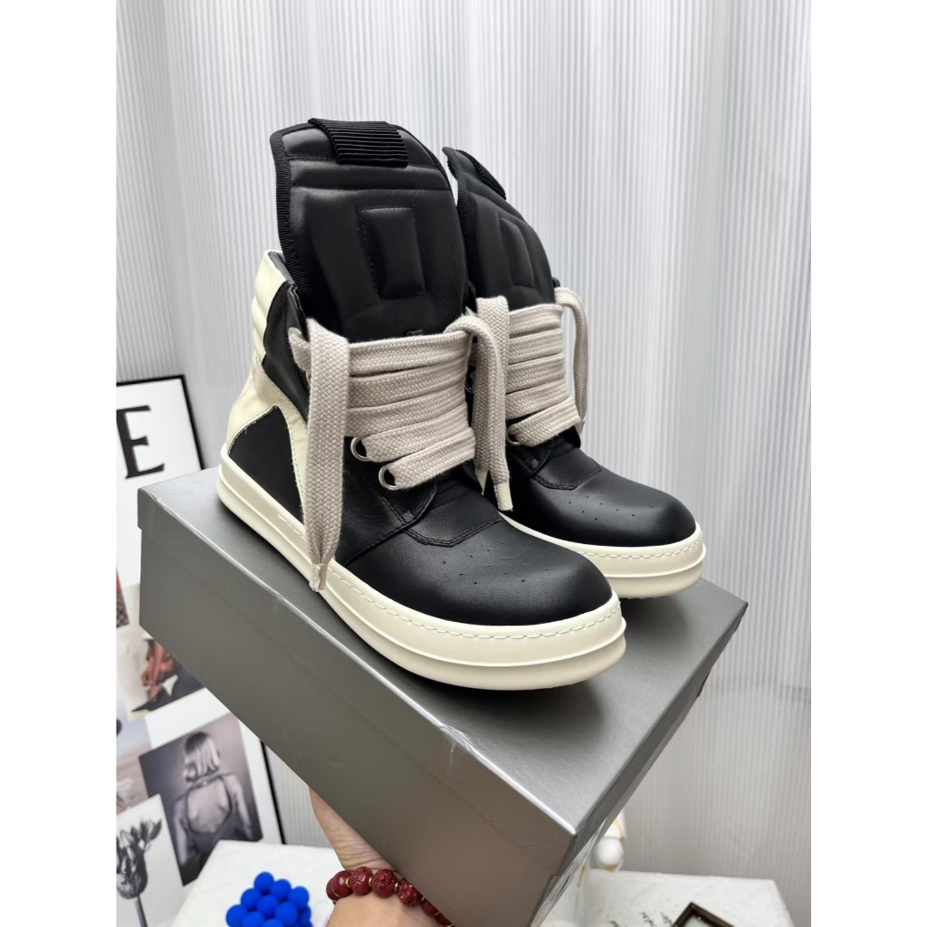 🌸 RICK OWENS/RO Geobasket รองเท้าหนังวัวแฟชั่นชั้นสูงสำหรับผู้ชายสีดำ ...