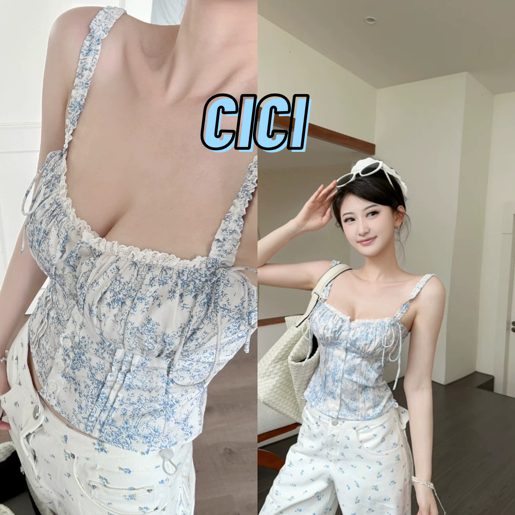 ส่งทันที Cici NO(J1768)เสื้อสายเดี่ยว detail กระดุมแต่งด้านหน้าสายไม่สามารถปรับได้มีแต่งลูกไม้ ...