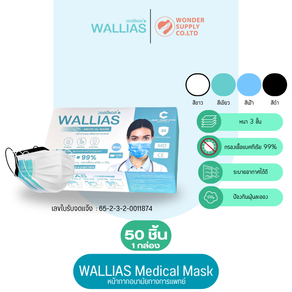 WALLIAS Mask หน้ากากอนามัย หนา 3 ชั้น ป้องกันได้ 98 % กันฝุ่น คุณภาพดี | Shopee Thailand