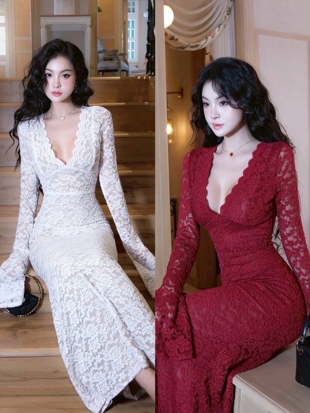 Teera ️พร้อมส่ง เดรสลูกไม้🌸เดรสออกงาน💥เดรสยาวลูกไม้แขนยาวซิปหลัง งานมีซับในทั้งตัวแขนยาวปลายแขน ...