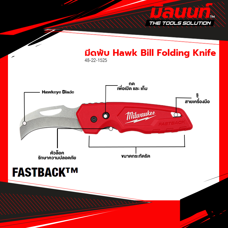 Milwaukee - 48-22-1525 มีดพับ Fastback Hawk Bill Folding Knife | Shopee ...