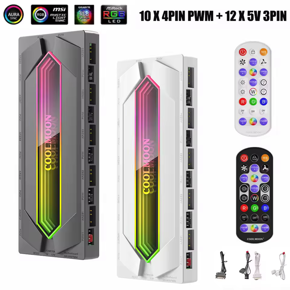 กล่องควบคุมไฟ COOLMOON MC10 ARGB Fan Hub Controller 4pin PWM+3pin 5V ...