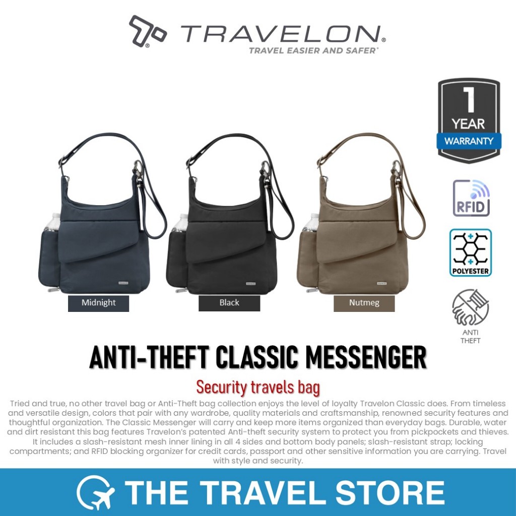 Travelon ANTI-THEFT CLASSIC MESSENGER (42242-XXX) กระเป๋าสะพายข้าง พาดหัวไหล่ ผู้หญิง สุภาพสตรี ...