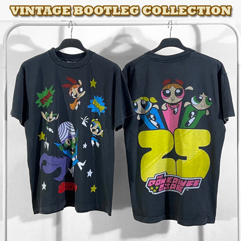 เสื้อยืดวินเทจแฟชั่น Bootleg พิมพ์ลายการ์ตูน The Powerpuff Girls คอกลม ...