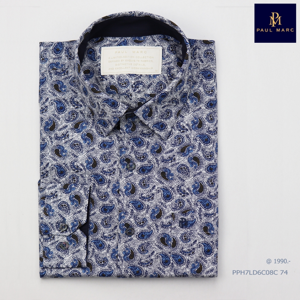 PAUL MARC เสื้อเชิ้ตลายพิมพ์ PAISLEY Slim Fit สีน้ำเงินเทา 100% cotton ...