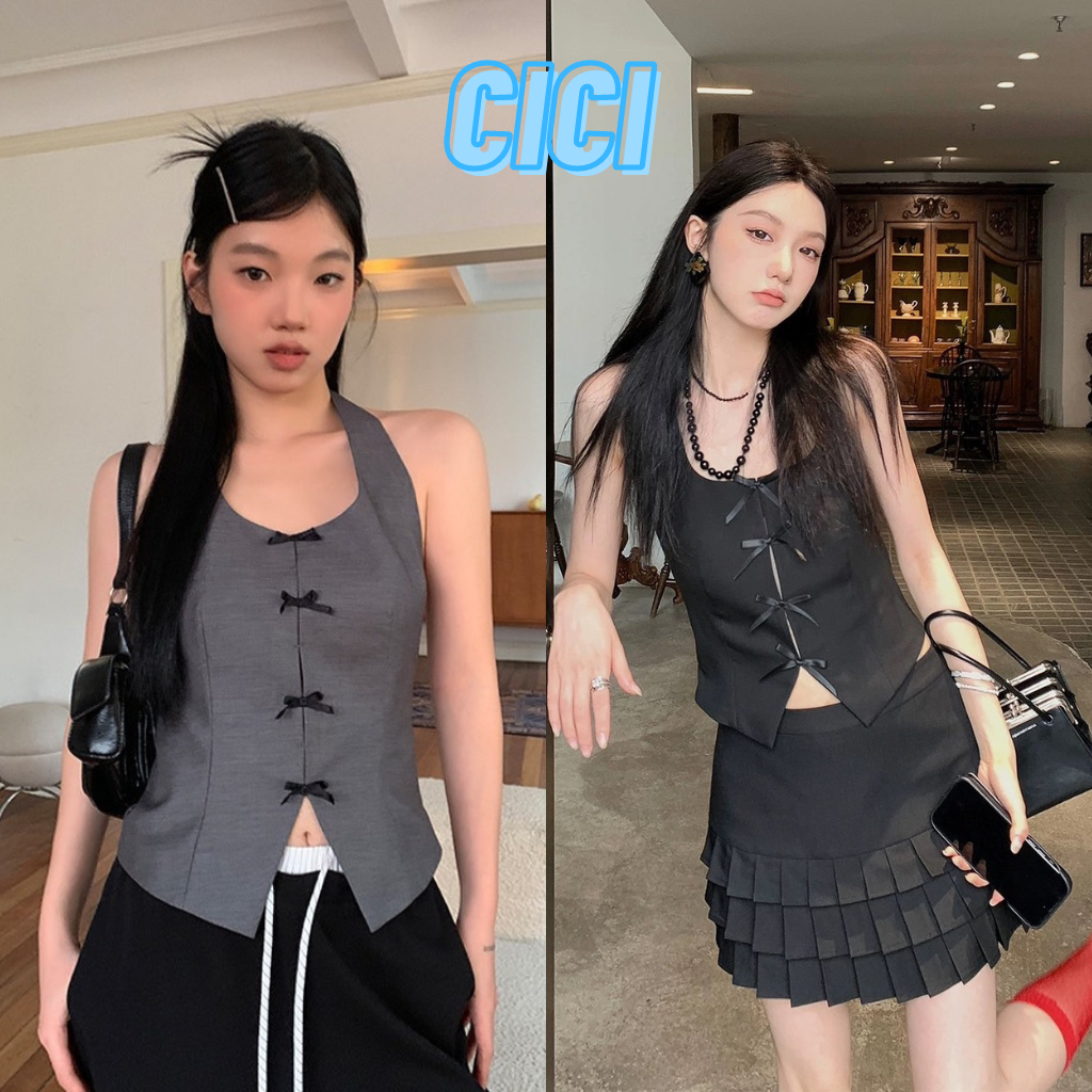 Cici(NO. 3333)เสื้อคล้องคอแขนกุดแต่ง detail โบว์ด้านหน้า ผ้าสูท สวยหรู ...