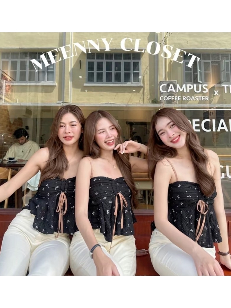 DI เสื้อสายเดี่ยวรูดหน้าโบว์ ป้ายMeenny closet | Shopee Thailand