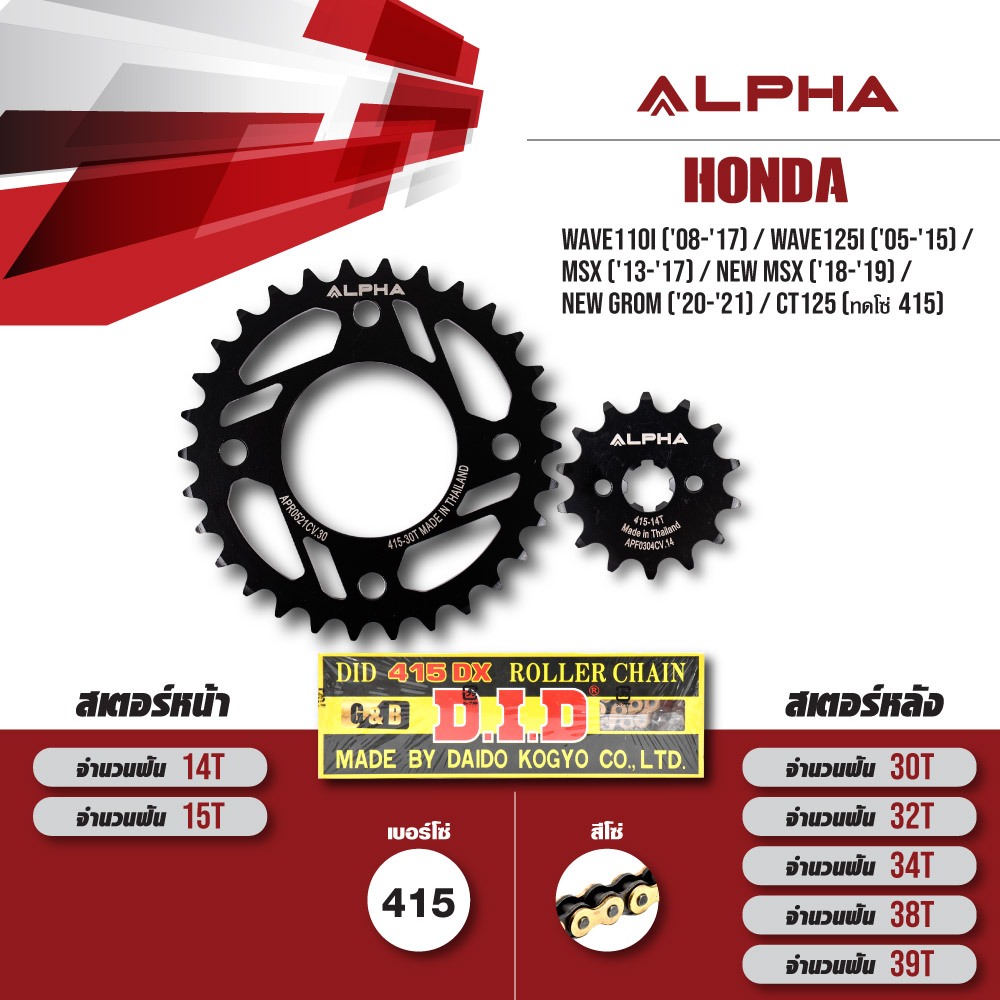ชุดโซ่-สเตอร์ ALPHA ใช้สำหรับ HONDA Wave110i / Wave125i / MSX / New MSX / New Grom / CT125 โซ่ D ...